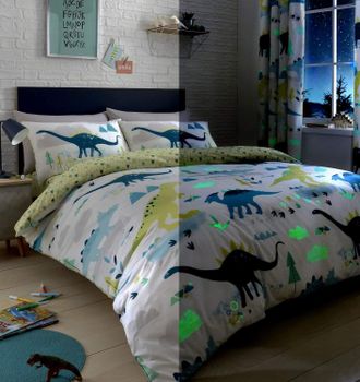 Bedlam Dino-Bettwäsche-Set, leuchtet im Dunkeln, Mehrfarbig, Doppelbett, Mehrfarbig, Duvet Cover Set: Single