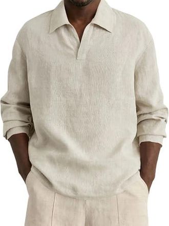Generic Polo en coton et lin pour homme - Manches longues - Col &agrave; revers - Col en V - Couleur unie - Coupe ample - Costume extensible pour l&eacute;t&eacute;, beige, 3XL