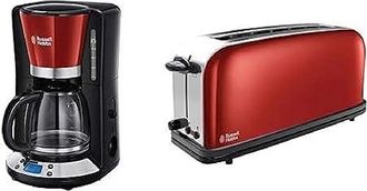 Russell Hobbs Digitale Kaffeemaschine Colours+ rot, 1,25l Glaskanne, bis 10 Tassen & Toaster Langschlitz Colours+ rot, extra breite 1 Langschlitzkammer, 6 Bräunungs