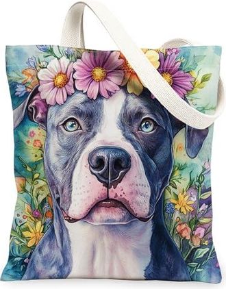 Generic Sac fourre-tout en toile motif chien Pitbull de printemps 33 x 38,1 cm, sac d&eacute;picerie esth&eacute;tique r&eacute;utilisable pour femme, motif animal de compagnie, d
