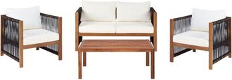 Beliani Lounge Set Schwarz Akazienholz und Flechtseil 4-teilig f&uuml;r 4 Personen mit Kissen Stoff 2-Sitzer Sofa 2 Sessel und Couchtisch Outdoor Terrasse