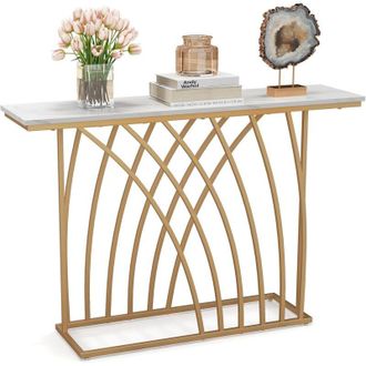 Costway Table Console, Meuble dEntr&eacute;e en Faux Marbre, Design G&eacute;om&eacute;trique Moderne, Cadre en M&eacute;tal Dor&eacute;, Kit Anti-Basculement Inclus, pour Entr&eacute;e, Couloir