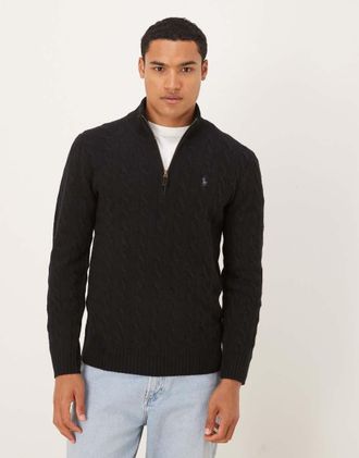 Polo Ralph Lauren Pull en maille de laine torsadée à col zippé et logo emblématique - Noir