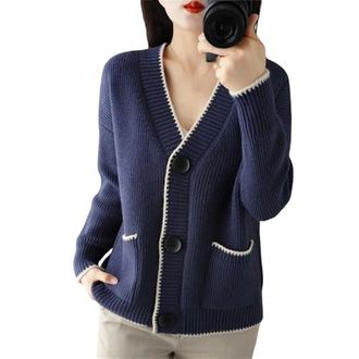 Generic Pull dhiver en tricot &agrave; col en V pour femme - Manches longues - Style d&eacute;contract&eacute;, bleu marine, Taille S