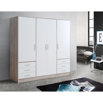 Loftscape home24 Drehtürenschrank Mindelberg 207cm Weiß/Beige/Weiß/Eiche Sonoma Dekor