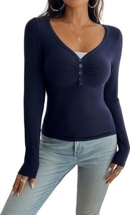 Generic Chemise &agrave; manches longues Henley pour femme, haut basique &agrave; boutons, coupe ajust&eacute;e, hiver, printemps, mignon, d&eacute;contract&eacute;, basique, bleu marine, XL