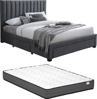 Vente-Unique Bett mit 3 Schubladen 180 x 200 cm - Stoff - Grau + Matratze - LIAKO