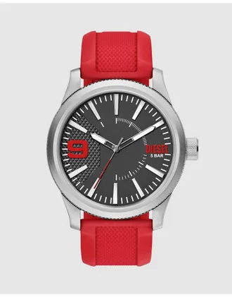 Diesel Rasp NSBB Uhr mit drei Zeigern und rotem Silikonarmband in Silber
