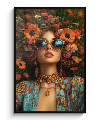 MuchoWow &copy; Wandbilder mit Rahmen 80x120 cm Wanddeko Bilder Wohnzimmer Moderne Zimmerdeko Geschenk Bilderrahmen Frau - Blumen - Modern - Brille - Abstrakt