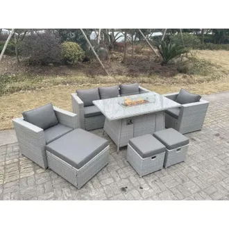 Fimous 8-Sitzer Polyrattan Gartenm&ouml;bel Set im Freien Gas Feuertisch Sofa Sets mit 2 Sessel Gro&szlig;er Hocker 2 Kleiner Hocker Helles Grau - Fimous