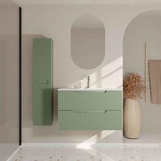 Aurlane Aurlane - Ensemble meuble vasque et colonne 80cm vert olive - Fa&ccedil;ades ondul&eacute;es - Vasque en c&eacute;ramique blanche mate - 2 tiroirs avec fermeture