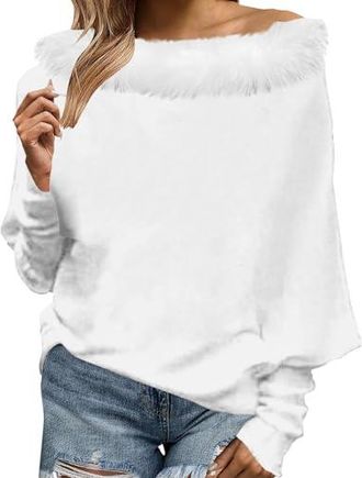 Generic Sweat-shirt de Noël pour femme 2025 - Look dhiver confortable - Haut de Noël à épaules dénudées - T-shirt surdimensionné à manches longues et épaules 