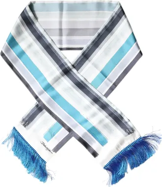 Dolce & Gabbana Mens White Blue Stripes Silk Fringes Wrap Scarf And