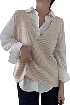 Minetom Pull sans Manche Col V Femme Gilet en Tricot Automne Hiver Débardeurs Chandail Bureau Pullover Tops Hauts B Beige XL