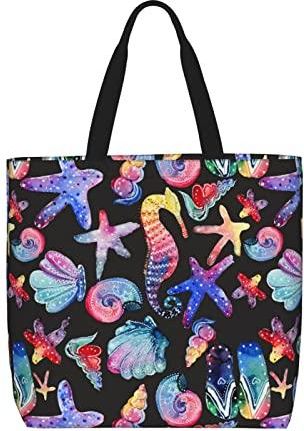 Generic Sac Fourre-Tout Coquillage &Eacute;toile De Mer Hippocampe Sac Fourre Tout Femme R&eacute;utilisable Lavables Sacs En Toile Pour Femmes, Pour Tous Les Jours, &Eacute;cole,