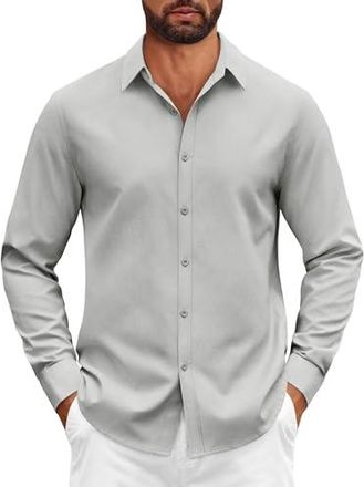 Coofandy Chemise Homme Coupe Classique Manches Longues en Coton Extensible Coupe Décontractée Style Oxford Gris Clair XXL