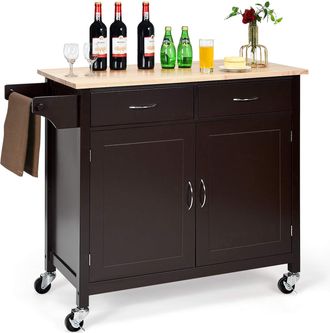 Generic Küchenwagen, Rollwagen, Küchenwagen mit Schrank, Gummiablage, 2 Schubladen, Esszimmerwagen, Servierwagen, Sideboard (Dunkelbraun)