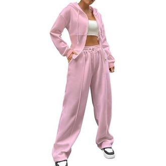 Generic Ensemble de sport 2 pi&egrave;ces pour femme avec fermeture &eacute;clair et capuche - Deux v&ecirc;tements de sport &agrave; manches longues et pantalon d&eacute;contract&eacute; - Ensemble 