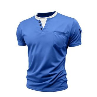 Generic T-shirt &agrave; manches courtes vintage pour homme - Avec boutons - Style classique - Respirant - Coupe ajust&eacute;e - Avec poche de poitrine, bleu, 3XL