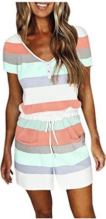 Generic Barboteuse courte sans manches pour femme - Grenouill&egrave;re d&eacute;t&eacute; pour femme avec manches - Combinaison courte &agrave; rayures avec poches lat&eacute;rales et short lo