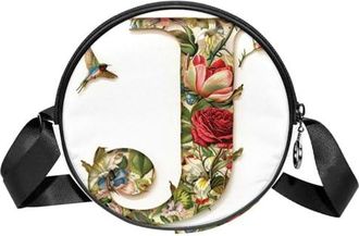 Generic Petit sac &agrave; bandouli&egrave;re circulaire pour femme, motif floral J avec fermeture &eacute;clair, bretelles r&eacute;glables, sac &agrave; main rond d&eacute;contract&eacute; pour femmes et f