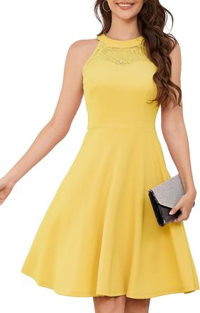 Bbonlinedress Sommerkleid Damen Knielang Cocktailkleid Neckholder Brautjungfer festliches Abendkleider Elegant f&uuml;r Hochzeit Strandkleid gelbes Kleid Yellow 3XL