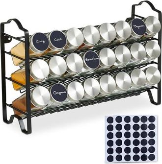 Relaxdays Gew&uuml;rzregal, 24 Gew&uuml;rzgl&auml;ser, Edelstahl Gew&uuml;rzst&auml;nder mit Etiketten, HxBxT: 25,5x38,5x12,5 cm, silber/schwarz