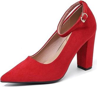 Generic Escarpins en daim synth&eacute;tique &agrave; bout pointu pour femme avec boucle et sangle de cheville pour f&ecirc;te, mariage et bureau, Rouge, 38.5 EU