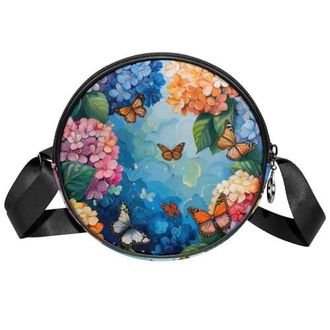 Generic Sac &agrave; bandouli&egrave;re rond pour femme, motif papillon, fleurs, petit sac &agrave; bandouli&egrave;re avec fermeture &eacute;clair, bretelles r&eacute;glables, sac &agrave; main rond d&eacute;contr