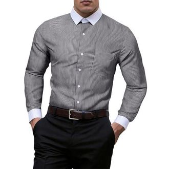 Generic Chemises daffaires pour homme &agrave; manches longues ray&eacute;es et col roul&eacute; - Coupe r&eacute;guli&egrave;re - Chemise classique pour homme - Chemise extensible pour le trav