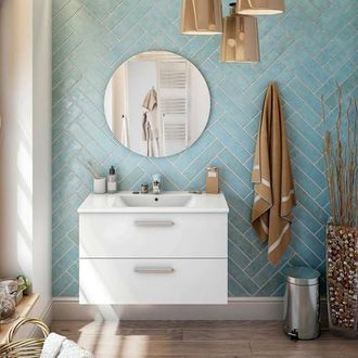 Dmora Badezimmermöbel Dartford, Badezimmerschrank, Mehrzweckschrank, Hängeschrank mit Spiegel, 80x45 h50 cm, Glänzendes Weiß