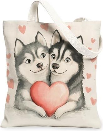 Generic Husky Dog Sac fourre-tout en toile r&eacute;utilisable pour faire du shopping 33 x 38,1 cm, motif coeur mignon pour la Saint-Valentin, sac d&eacute;picerie r&eacute;utilis