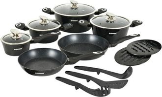 Herzberg Batterie de Cuisine 15 Pi&egrave;ces, en Aluminium, Rev&ecirc;tement Marbre, Casseroles, Po&ecirc;les, Couvercles en Verre, Ustensiles, Compatible Induction, Noir