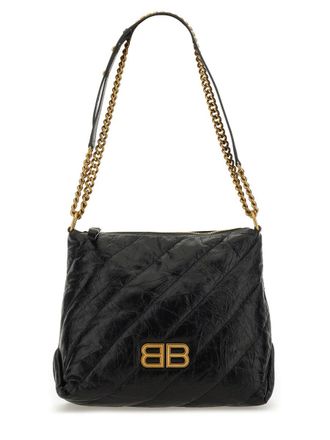 Balenciaga Womens Hobo Bag Crush Black Leather Domesticated Calf Shoulder