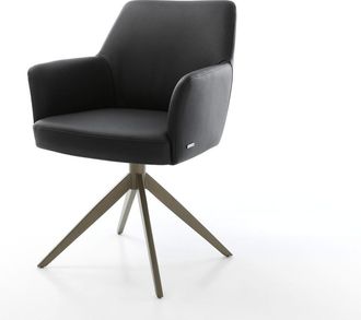 DELIFE Drehstuhl Xana-Flex mit Armlehnen Echt-Leder Schwarz Kreuzgestell breit Effektfinish Titan 360&deg; drehbar Wippfunktion Taschenfederkern, Esszimmerst&uuml;hle