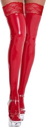 Feoya Bas Autofixant Femme Sexy Dentelle Haut PU Cuir Bas Autofixants Femmes Grande Taille Lingerie Clubwear Cosplay Sous-v&ecirc;tements Rouge L