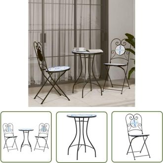 vidaXL Mosaik-Bistro-Set Blau und Wei&szlig; Eisen und Keramik - Gartentisch - Bistroset - Outdoor M&ouml;bel - Terrassenm&ouml;beln - Esszimmergarnitur - The Living Store
