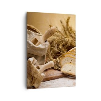 Arttor Bilder auf Leinwand Brot Essen Holz Leinwandbild mit Rahmen 50x70cm Wandbilder Dekoration Wohnzimmer Schlafzimmer Küche Deko Groß Wanddeko Bild Wand K