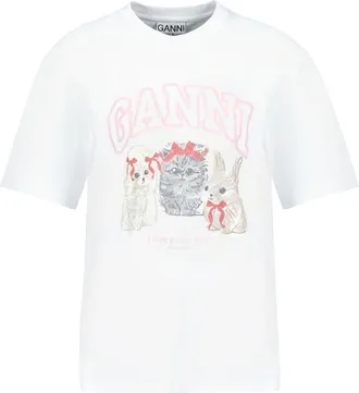 Ganni Womens Cute Animals Graphic Cotton Jersey T-Shirt White