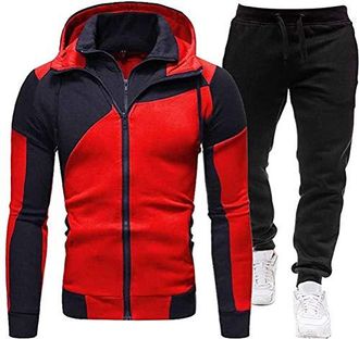 Onsoyours Homme Survêtement Ensemble Sweat-Shirt 2 pièces Chaud à Capuche et Pantalon de Sport Jogging C Rouge L