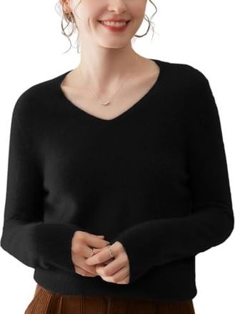 Dissa Pull Cachemire Femme Col V Uni Tricoté en Vrac Manches Longues Fin Pull en Cachemire et Laine,Noir,EU 44,MN655
