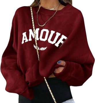 ORANDESIGNE Sweatshirts Femme Y2K Lettre Imprim&eacute; Original Sweat-Shirt Manche Longue Col Rond L&acirc;che Vintage D&eacute;contract&eacute; Pulls Tops Blouse Streetwear A Vin Rouge M