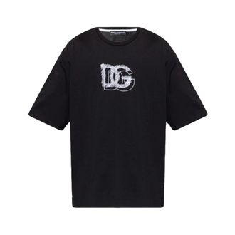 Dolce & Gabbana Homme, Tops, Noir, Taille: XL T-shirt Noir en Coton avec Broderie Logo