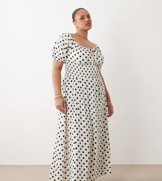 Esm&eacute;e Esm&eacute;e Curve - Maxi-Strandkleid in Schwarz und Wei&szlig; mit Polka Dots, Bindedetail vorne und Puff&auml;rmeln-Mehrfarbig