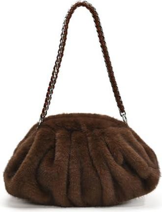 Generic Retro Elegance Sac &agrave; main en peluche douce pliss&eacute;e fausse fourrure de vison femme automne hiver cha&icirc;ne aisselle sac &agrave; bandouli&egrave;re, caf&eacute;, 31.0*15.0*3.0