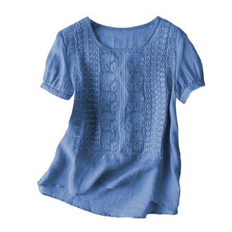 Generic Chemise en lin pour femme habill&eacute;e d&eacute;contract&eacute;e r&eacute;tro broderie fleur hauts &agrave; manches courtes boh&egrave;me d&eacute;t&eacute; tendance tunique fluide, noir fonc&eacute;, 3XL