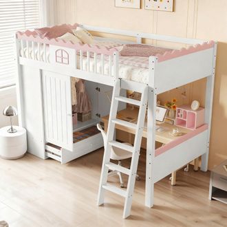 Generic Hochbett 90x200 cm in Weiß | EN747-zertifiziertes Kinder-Einzelbett | Mit LED-Leuchten, Kleiderschrank & Schublade | Kiefernholz ohne Matratze