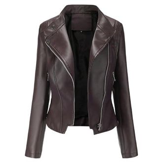 Generic Veste de moto courte en cuir synth&eacute;tique pour femme avec col &agrave; revers et fermeture &eacute;clair, caf&eacute;, XXL