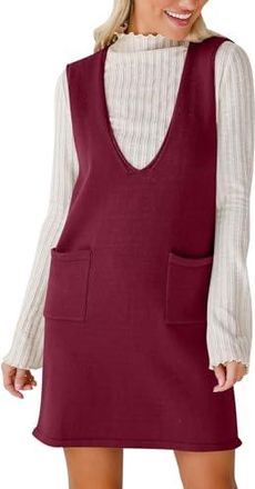 Generic Robe chandail courte en tricot sans manches avec poches et col en V pour femme, robe d&eacute;t&eacute; boh&egrave;me, robe ample pour les vacances, les essentiels de vaca