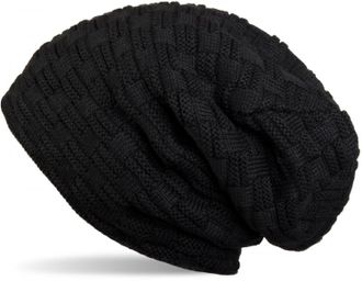 styleBREAKER Feinstrick Longbeanie Mütze mit Flecht Muster und warmem Fleece Innenfutter | Winter Strickmütze Unisex elastisch weich bequem warm, Farbe:Schwarz